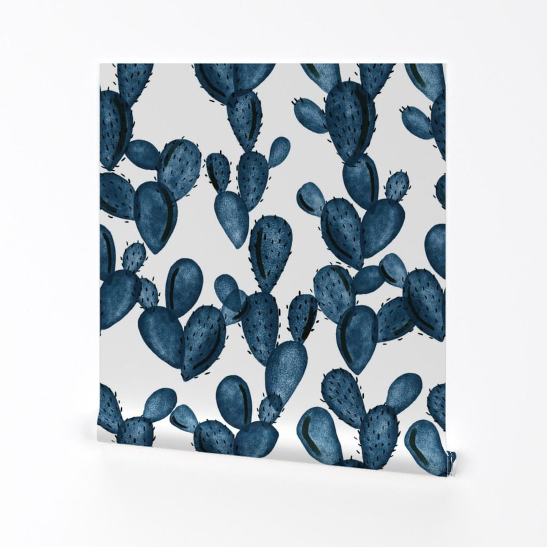 Navy Cactus Wallpaper - Navy Paddle Cactus by Ivieclothco - Navy Blue ...