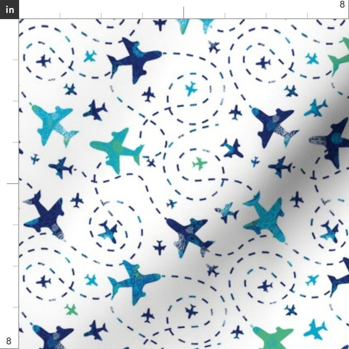 Blue Abstract Airplane Fabric Fun Airplanes on White Sky by | Etsy