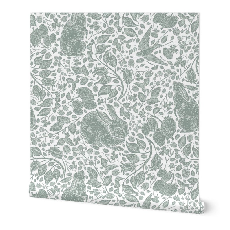 Sage Rabbit Wallpaper Bunnies Birds in Thistle by Down - Etsy