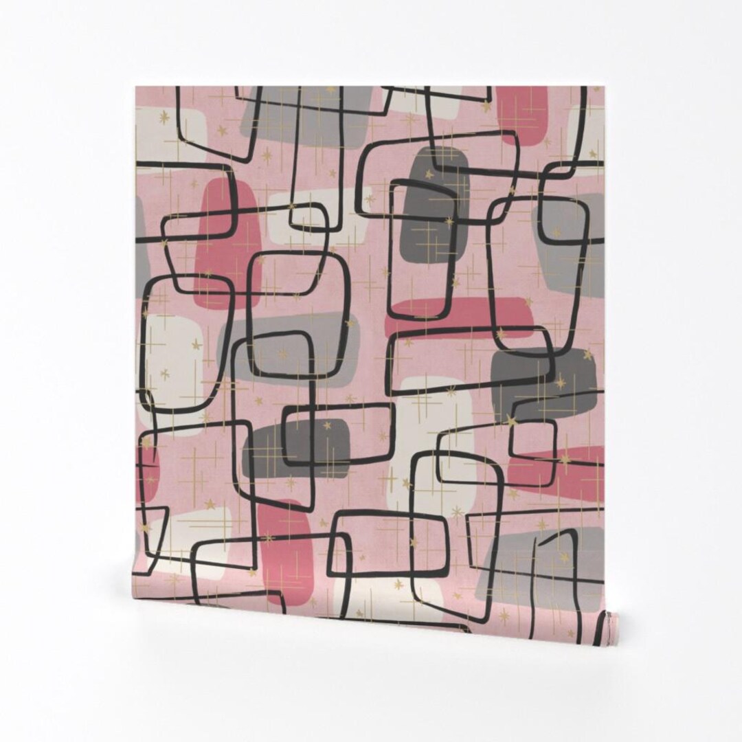 Mid-century Wallpaper - Atomic Mcm Grid in Pink Parlor by Raqilu ...