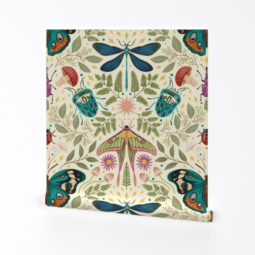 Bug Damask Removable Peel and Stick Wallpaper - Insect Botanical - Wall ...