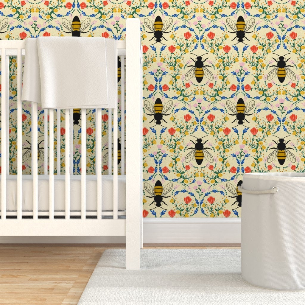Bee Garden Wallpaper Bee Floral by Lapetitelecour Yellow - Etsy