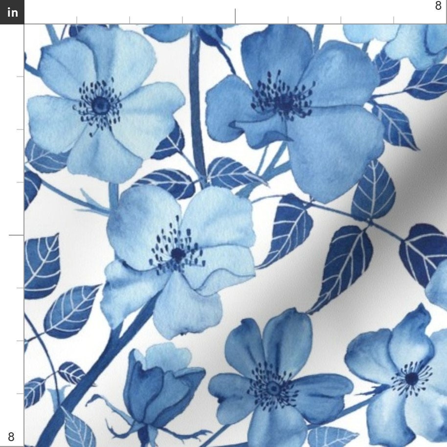Blue Roses Fabric Watercolor Rose Garden in Blue by - Etsy
