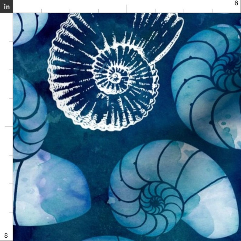 Watercolor Nautilus Fabric Nautilus Fossils in Sapphire Blue | Etsy