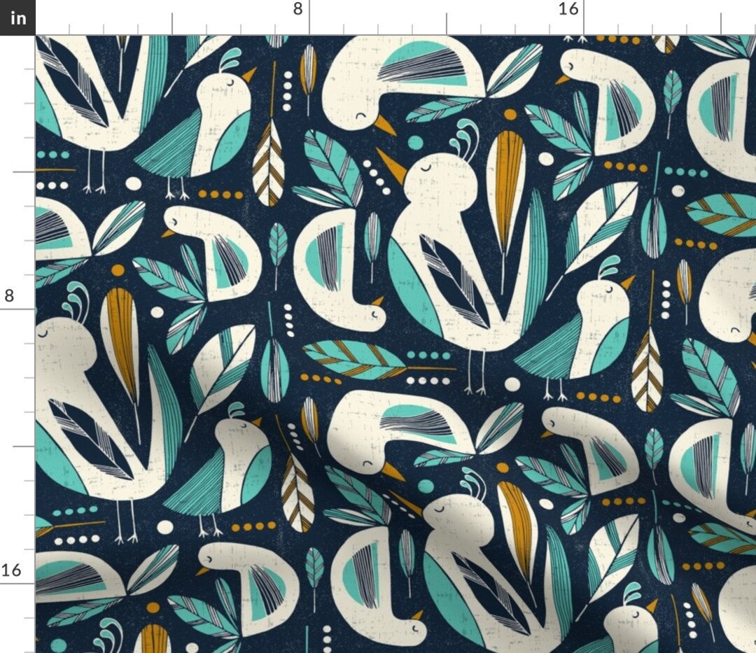 Navy Blue Bird Illustration Fabric Feathered Flock Navy by - Etsy
