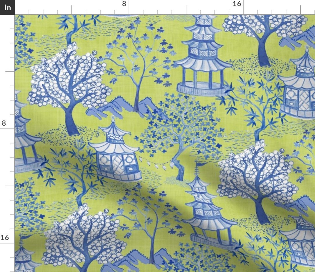 Pagoda Blue Floral Trees Fabric Pagoda Forest Citron and - Etsy