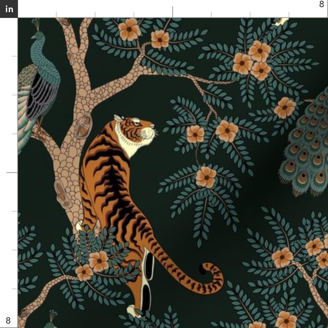 Chinoiserie Tigers Upholstery Fabric- Tiger and Peacock by Sveta_aho ...