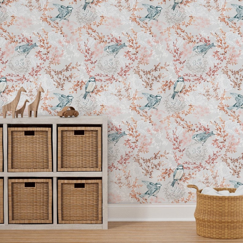 Bird Wallpaper Bluebirds by Nouveau Bohemian Blue Red Pink - Etsy