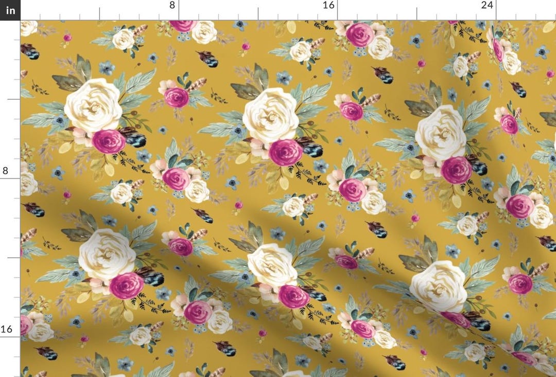 Florals on Mustard Fabric - Western Autumn Mauve Flower Mustard by ...