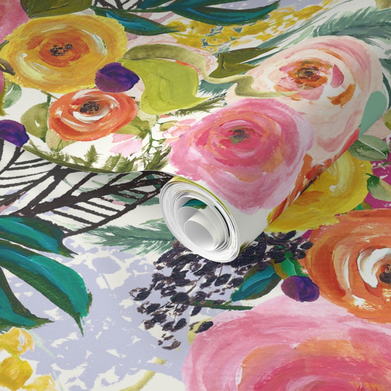 Bold Floral Wallpaper Bright Blooms Painted Floral by - Etsy