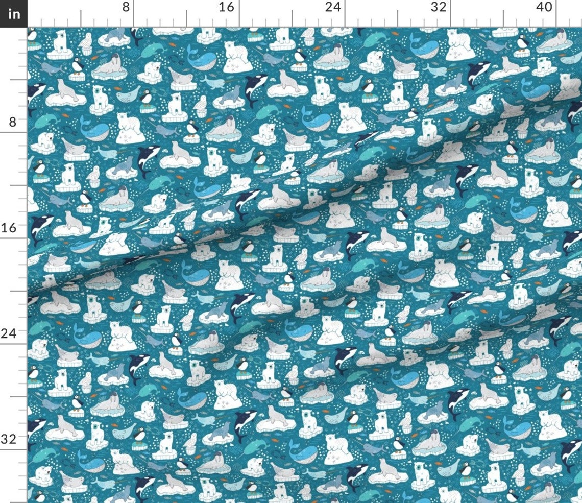Arctic Fabric Arctic Animal Icebergs Teal and Orange by | Etsy