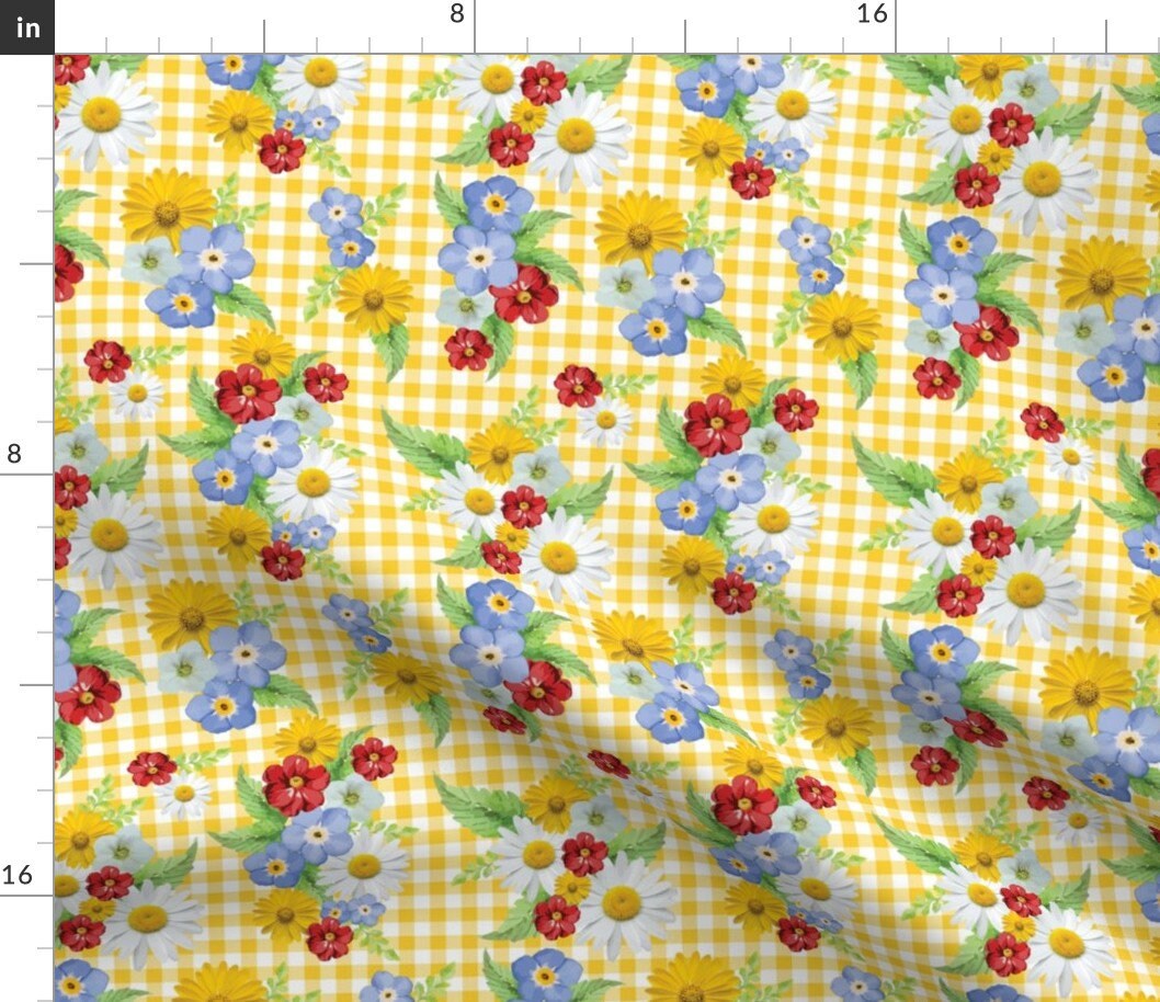 Gingham Flowers Fabric Yellow Gingham Floral By | Etsy