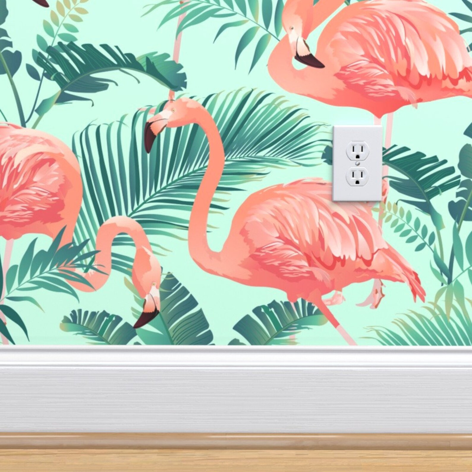 Flamingo Wallpaper Pink Flamingos on Teal Tropical Plants by | Etsy