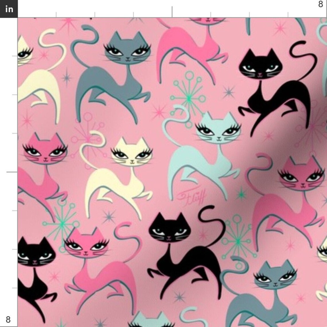 Mid Century Modern Fabric Prancing Kitten-fabric-pink by - Etsy