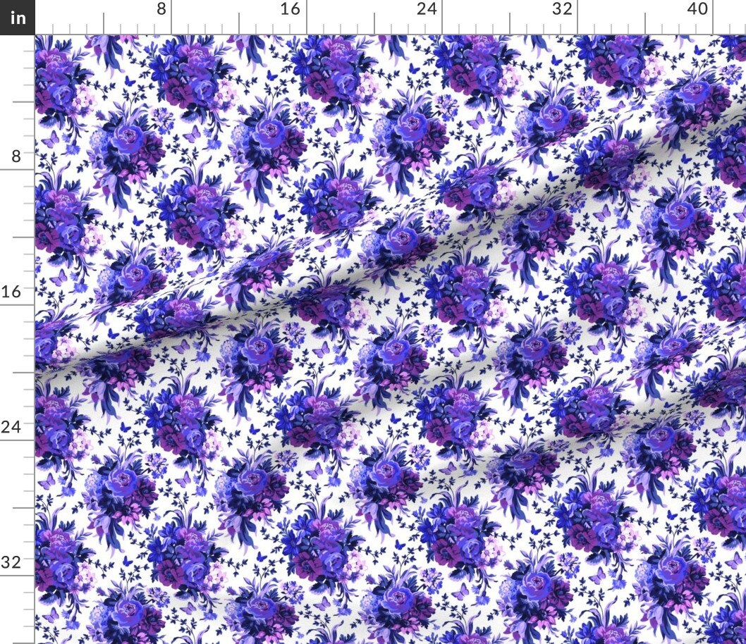 Purple Floral Fabric Blue on White by Shopcabin Floral | Etsy
