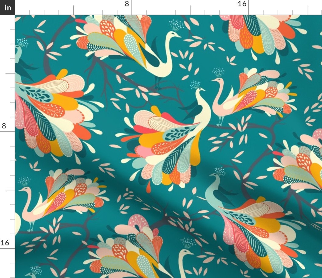 Peacock Fabric Paisley Peacocks by Miraparadies Teal Blue - Etsy