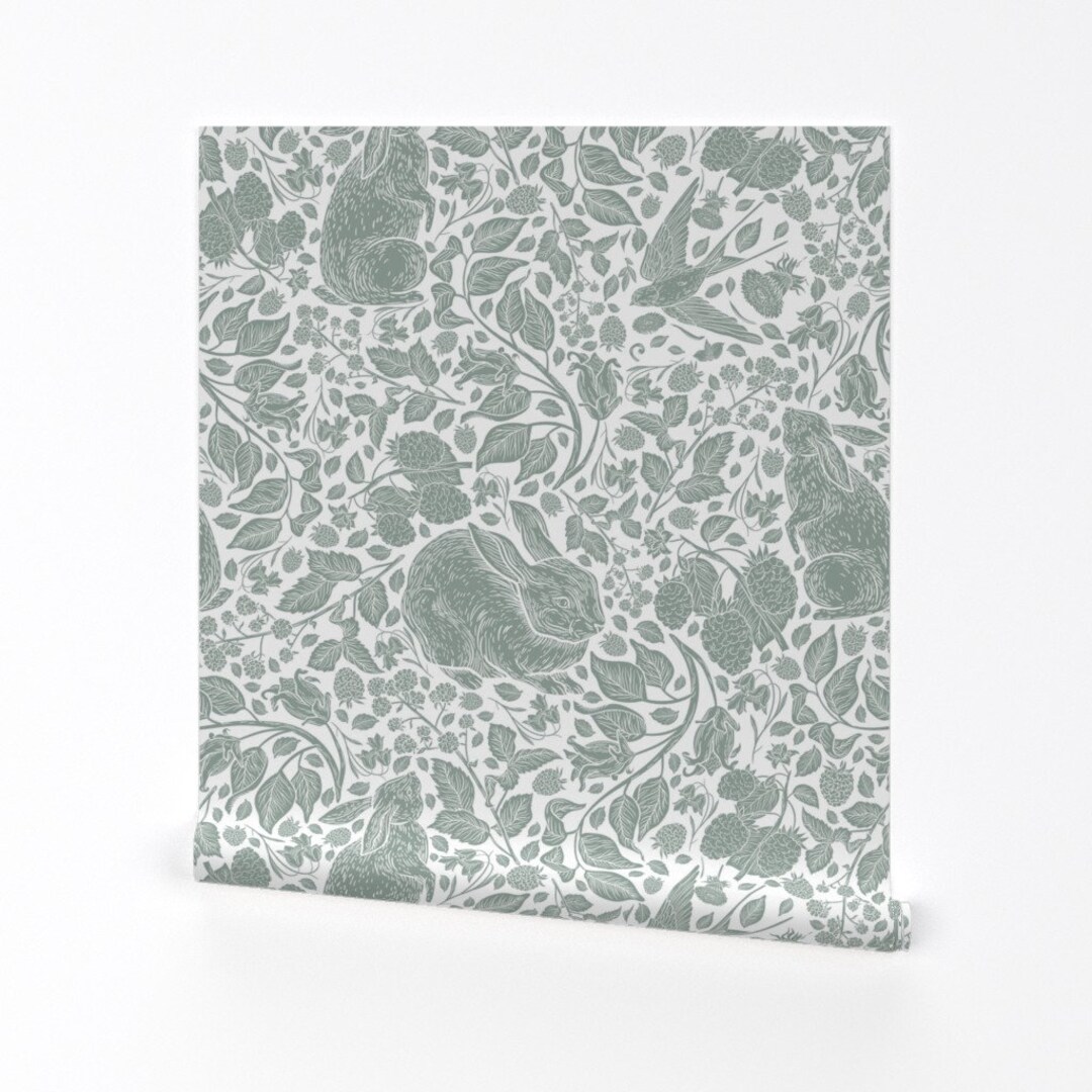 Sage Rabbit Wallpaper Bunnies Birds in Thistle by Down - Etsy