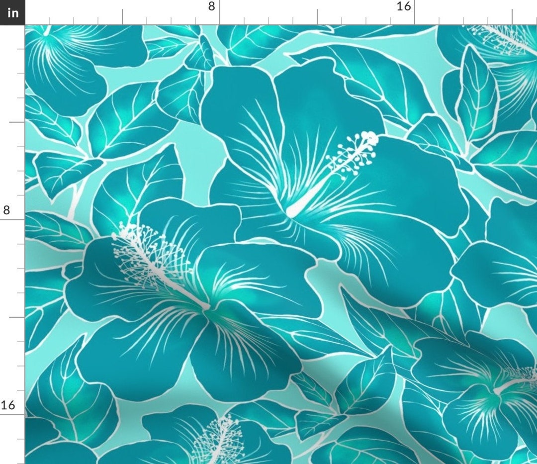 Tropical Floral Fabric Hibiscus Batik Teal on Aqua 150 by Kadyson Blue ...