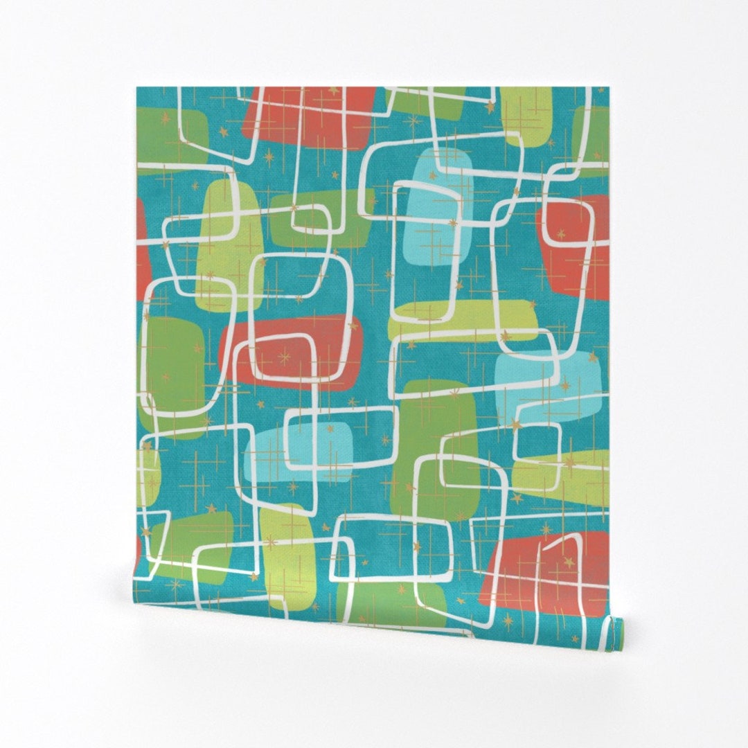 Mid-century Wallpaper Atomic Mcm Grid in Surfside by Raqilu Retro Beach ...