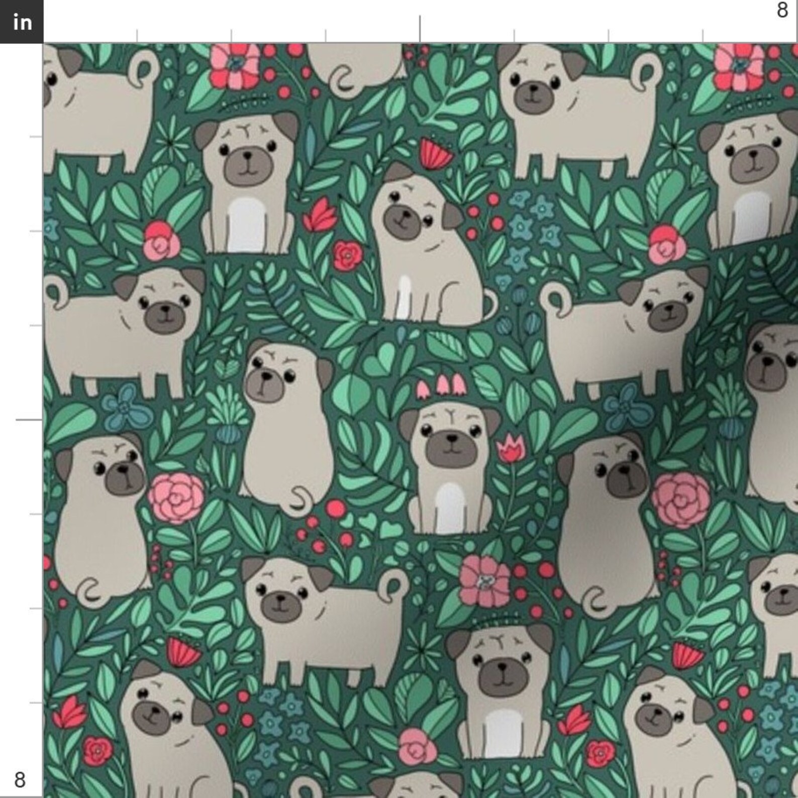 Pug Garden Fabric Pugs and Flowers by Kostolom3000 Pet | Etsy