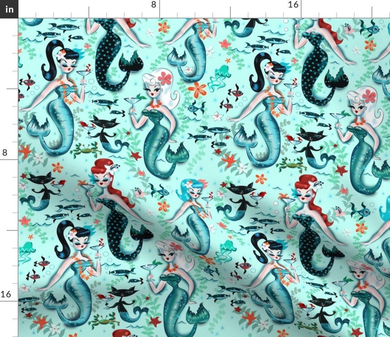 Mermaids Fabric Martini Mermaids by Miss Fluff Mermaids - Etsy