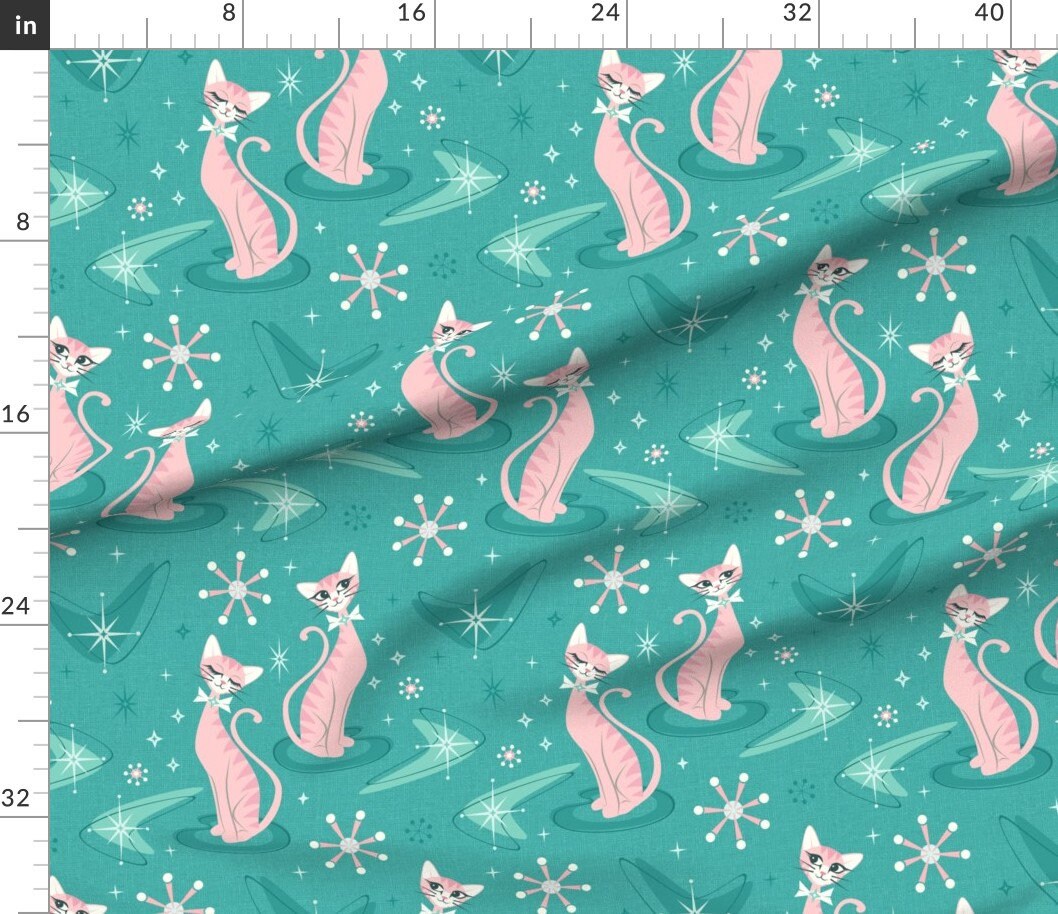 Cat Retro Teal Pink Fabric Kitsch Kitten Collectibles © | Etsy