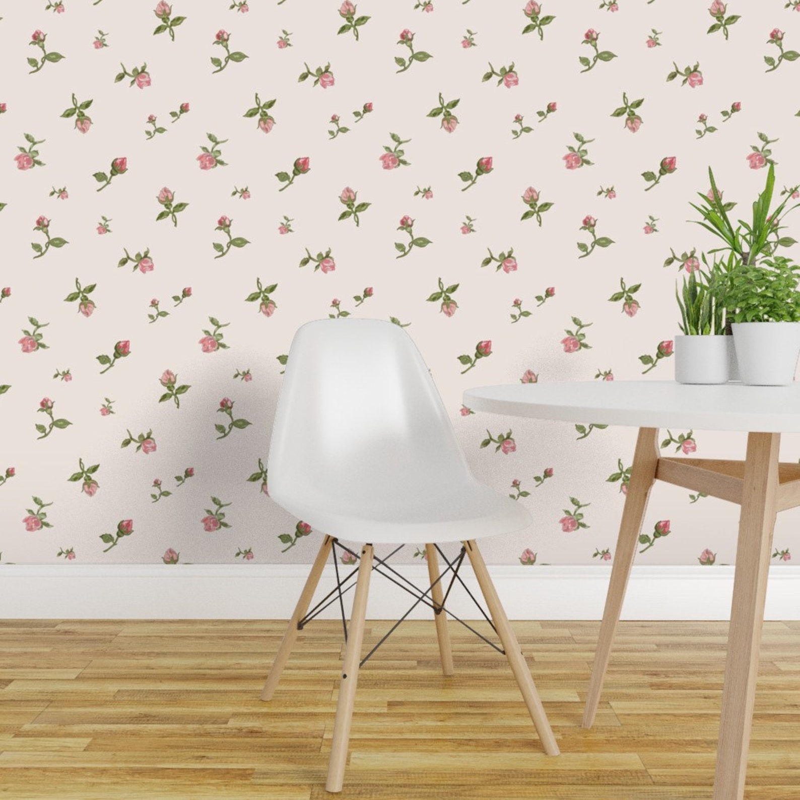 Rose Wallpaper Scattered Vintage Rosebuds by Bravenewart Cream Blush ...