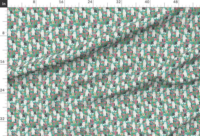 Sheepdog Fabric - Old English Sheepdog Florals Flowers Teal by ...