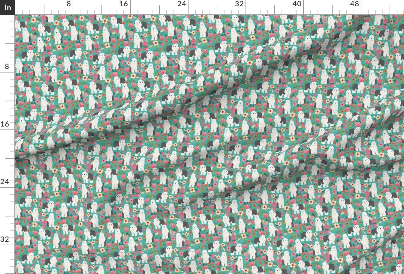 Sheepdog Fabric - Old English Sheepdog Florals Flowers Teal by ...