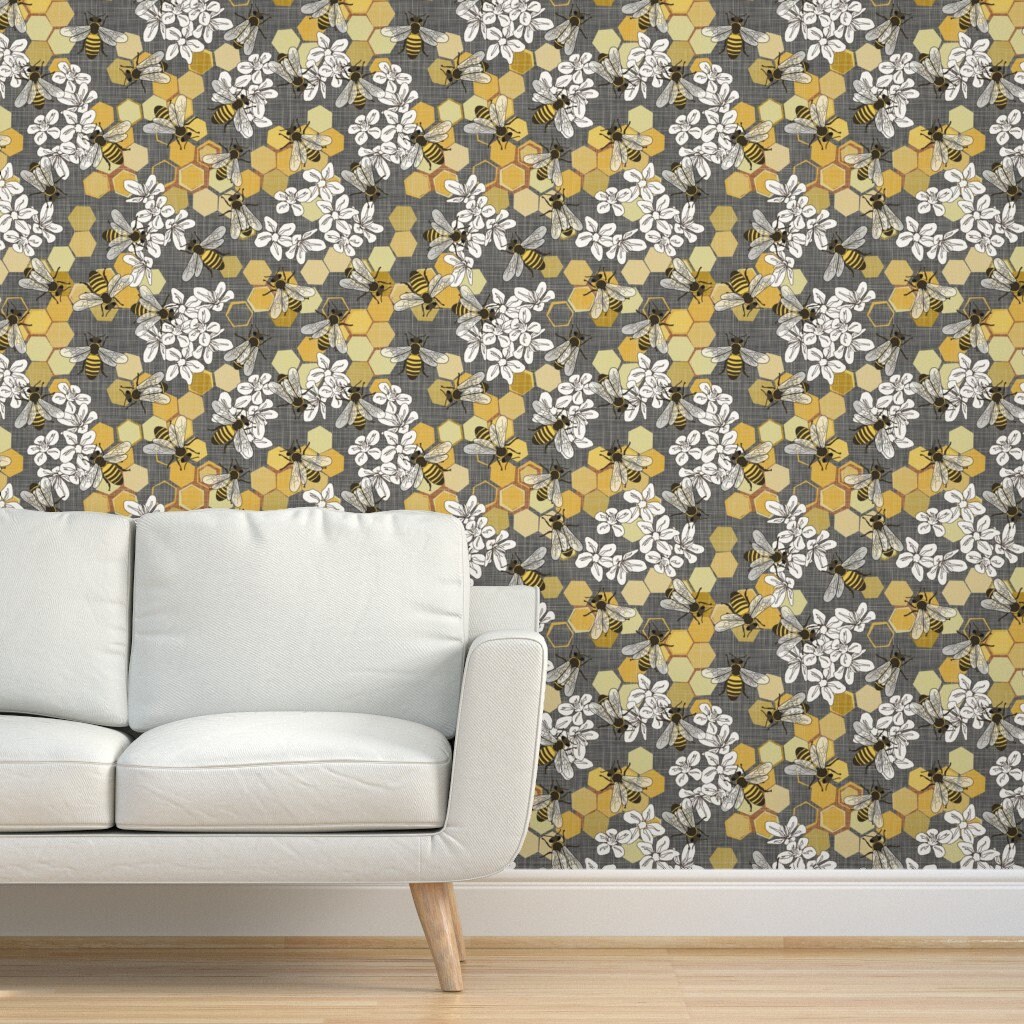 Honey Bees Wallpaper Honey Bees by Fernlesliestudio Gray - Etsy