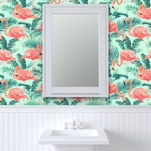 Flamingo Wallpaper Pink Flamingos on Teal Tropical Plants by Khaus ...