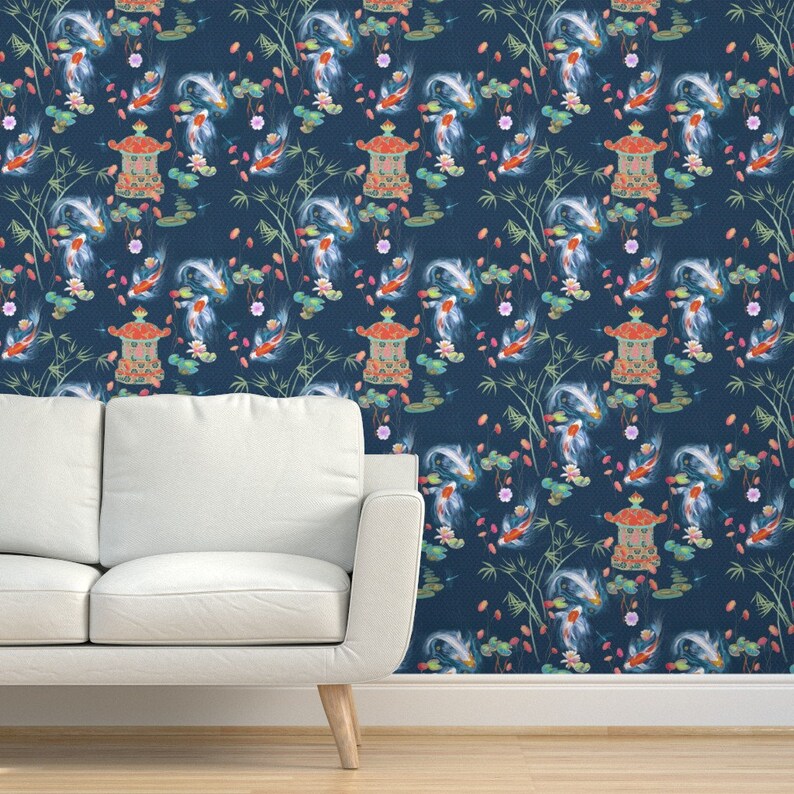 Japanese Wallpaper Japanese Water Garden Navy by Designed by - Etsy