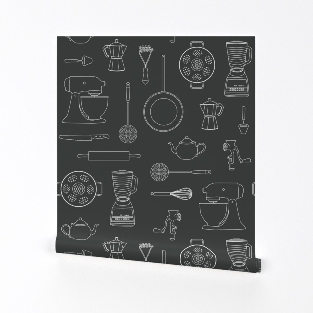 Kitchen Wallpaper Kitchen Tools white on Dark Gray by Johannak Gray ...