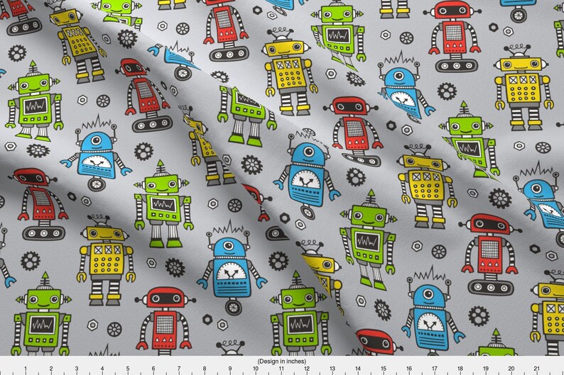 Robot Fabric Boys Cute Robots On Gray By Caja Design | Etsy