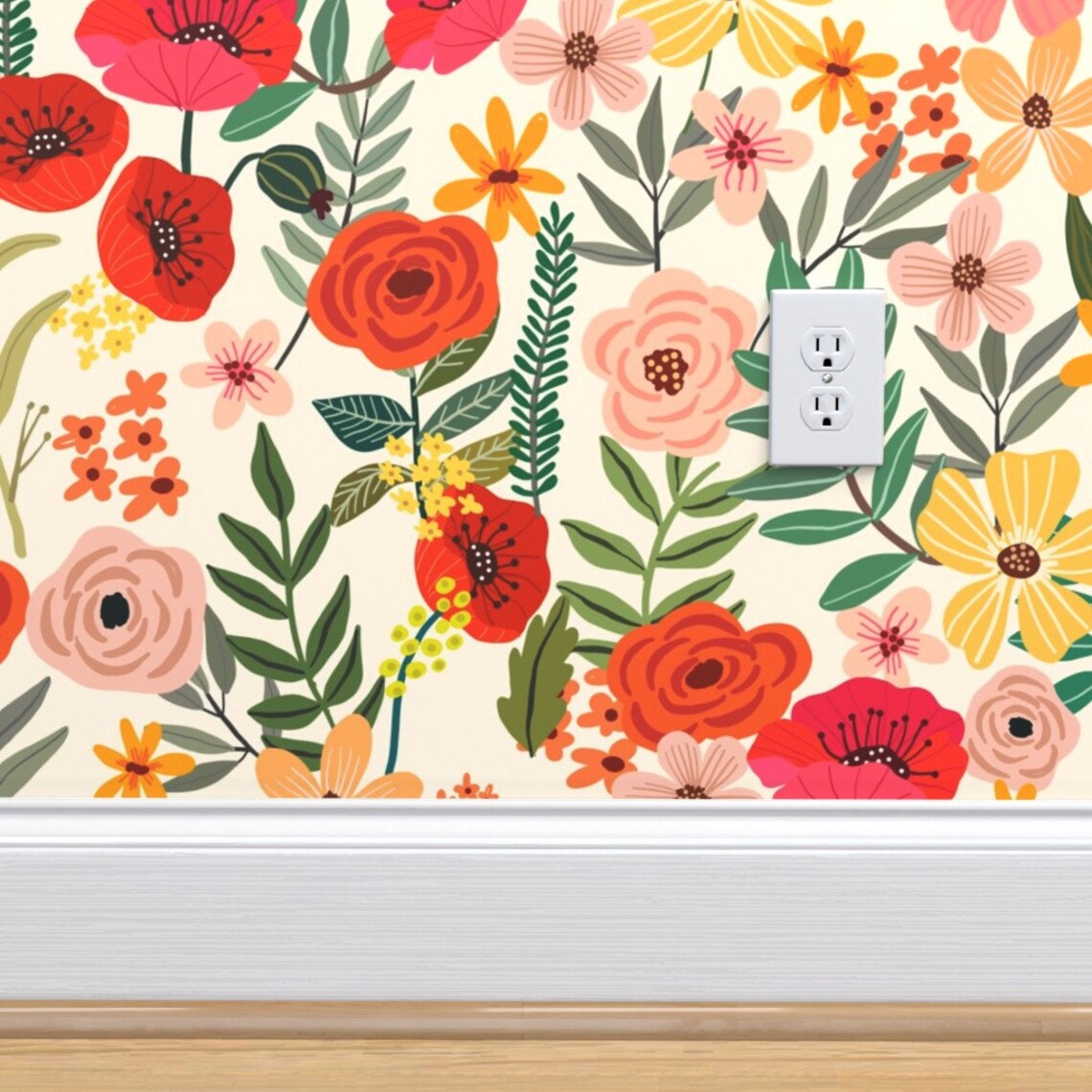 Botanical Wallpaper 16 Country Flowers Ivory by - Etsy
