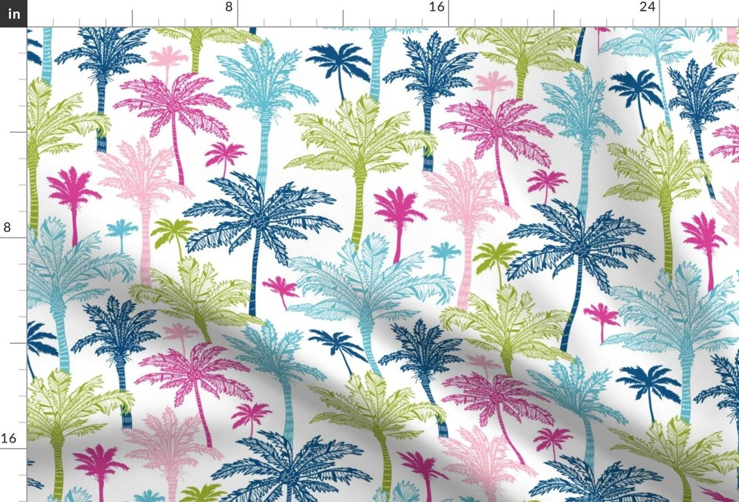 Beach Palm Tree Fabric - Colorful Palm Trees by Oksancia - Blue Pink ...