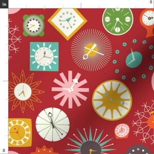Retro Clocks on Red Fabric - Mod Clocks by Katerhees - Retro Mod Scandi ...