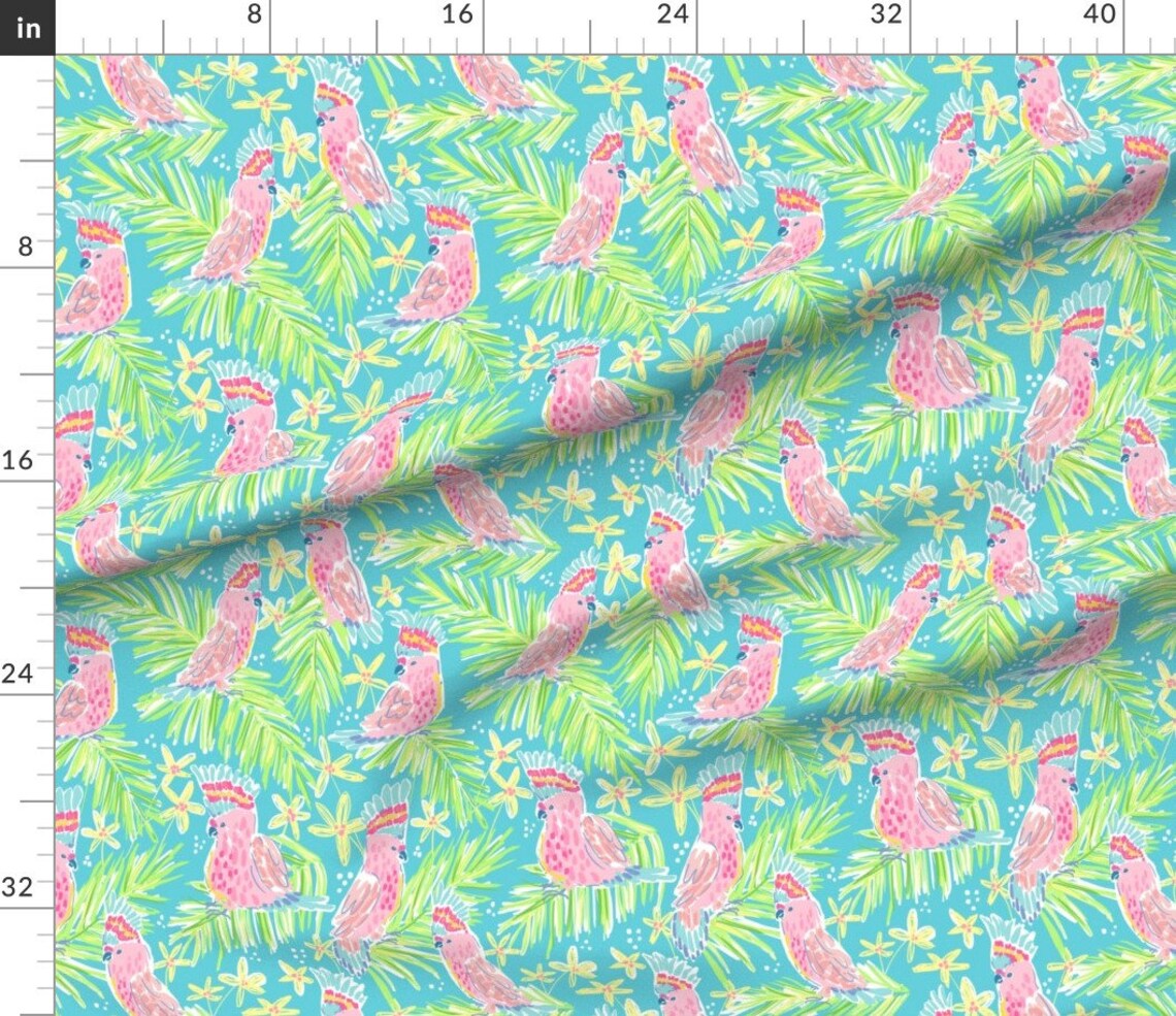 Summer Preppy Birds Tropical Fabric Pink Cockatoo by C | Etsy