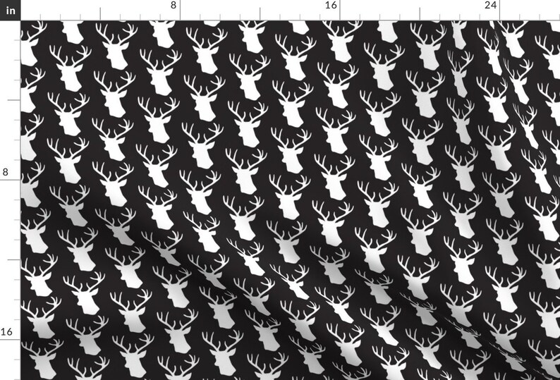 Woodland Stag Fabric Black And White Stag Deer Head Pattern | Etsy