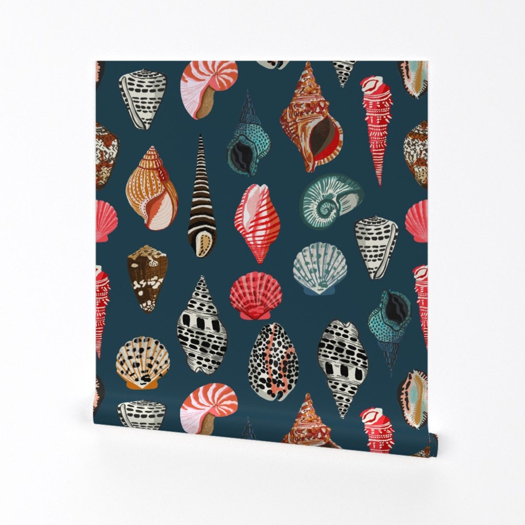 Seashells Wallpaper Navy Nautical Beach Summer by Andrea Lauren Custom ...