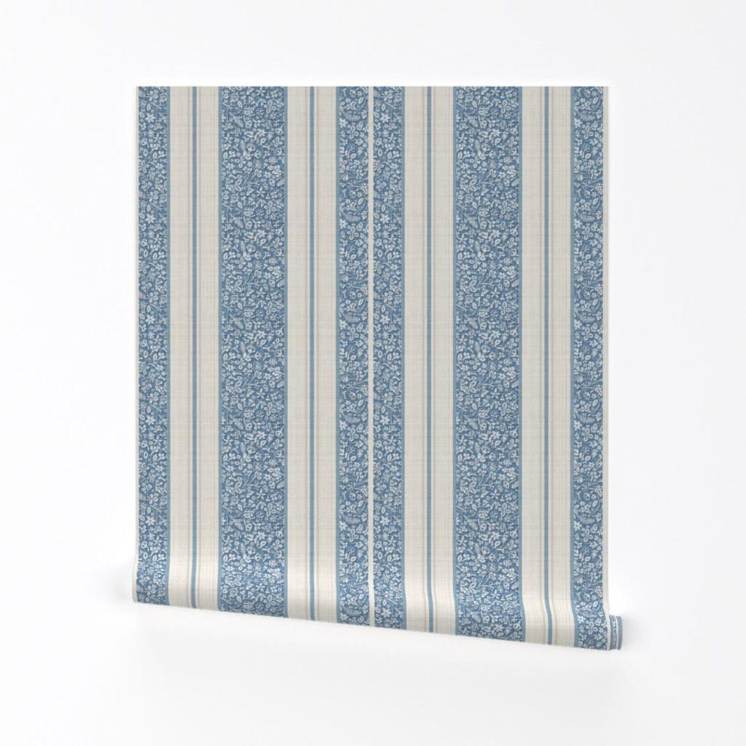 Blue Stripe Floral Removable Peel and Stick Wallpaper - Stripes ...