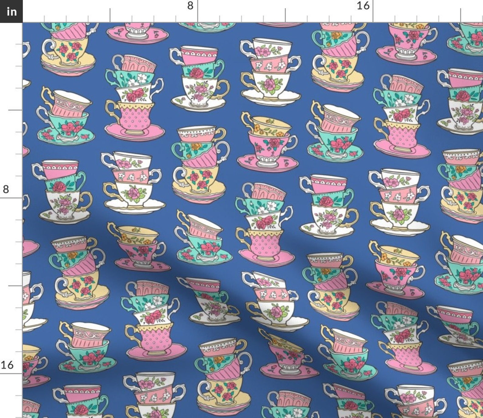 Tea Fabric Stacked Tea Cups With Vintage Roses Floral | Etsy