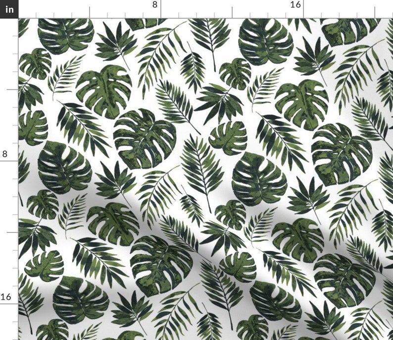 Tropical Green Leaves Fabric Tropical Leaves White by | Etsy