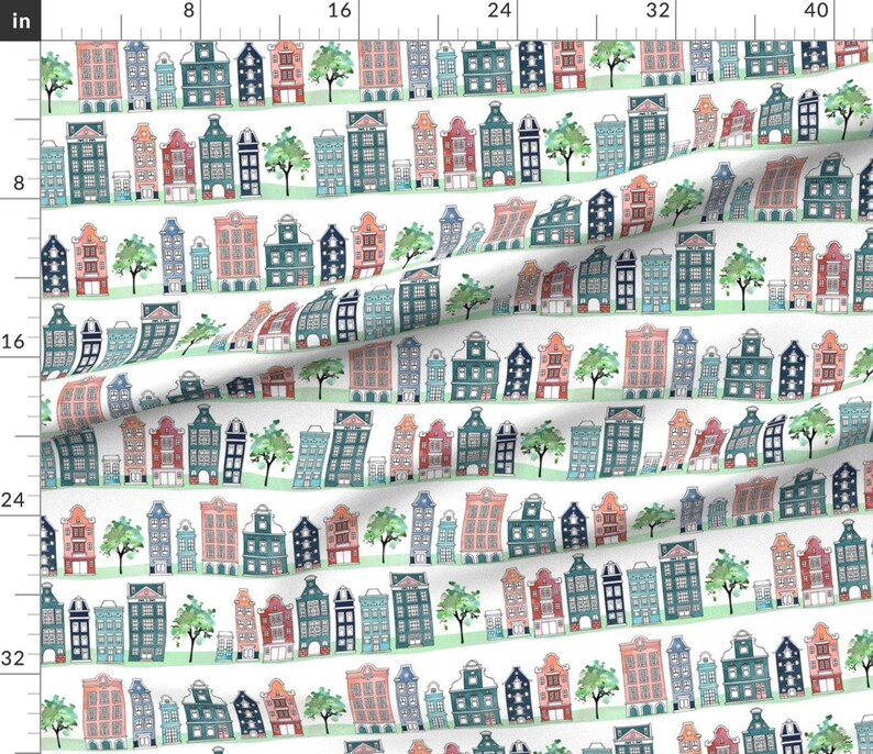 Whimsical Watercolor Cityscape Fabric Amsterdam | Etsy