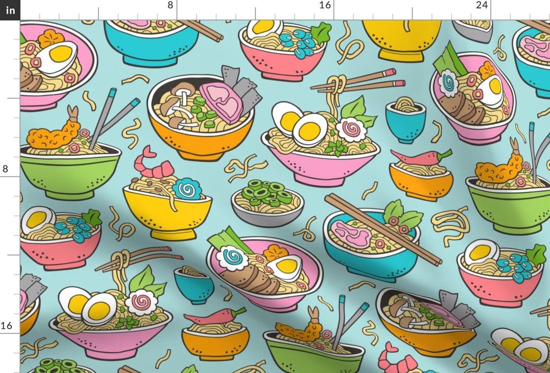 Noodles Fabric Noodles Ramen Food on Blue Large by Caja Design Colorful ...