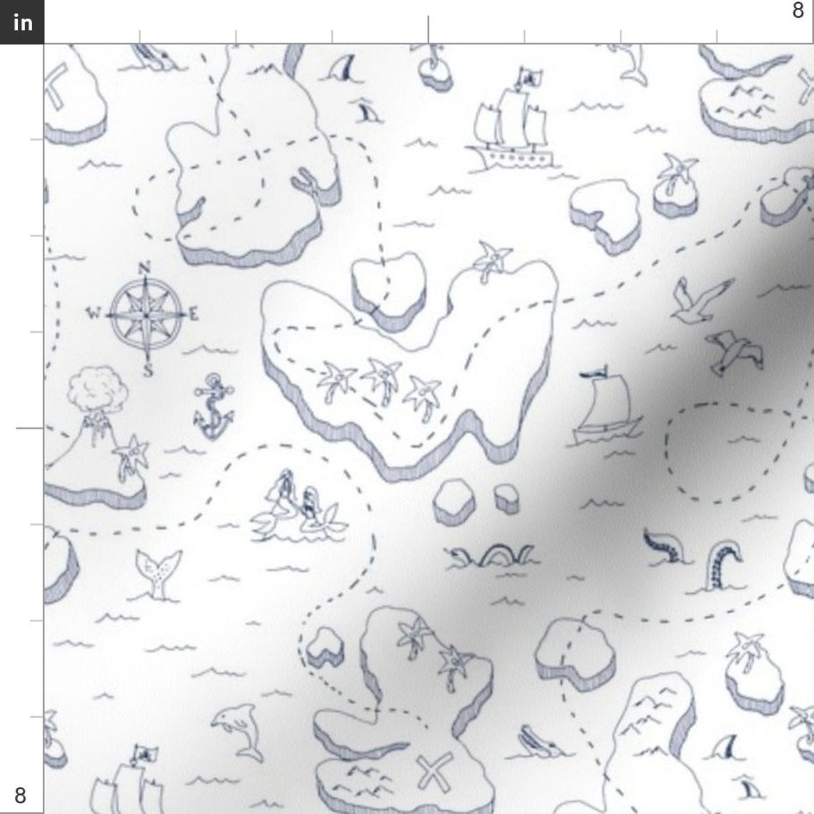 Blue and White Treasure Map Fabric Treasure Map Blue by - Etsy