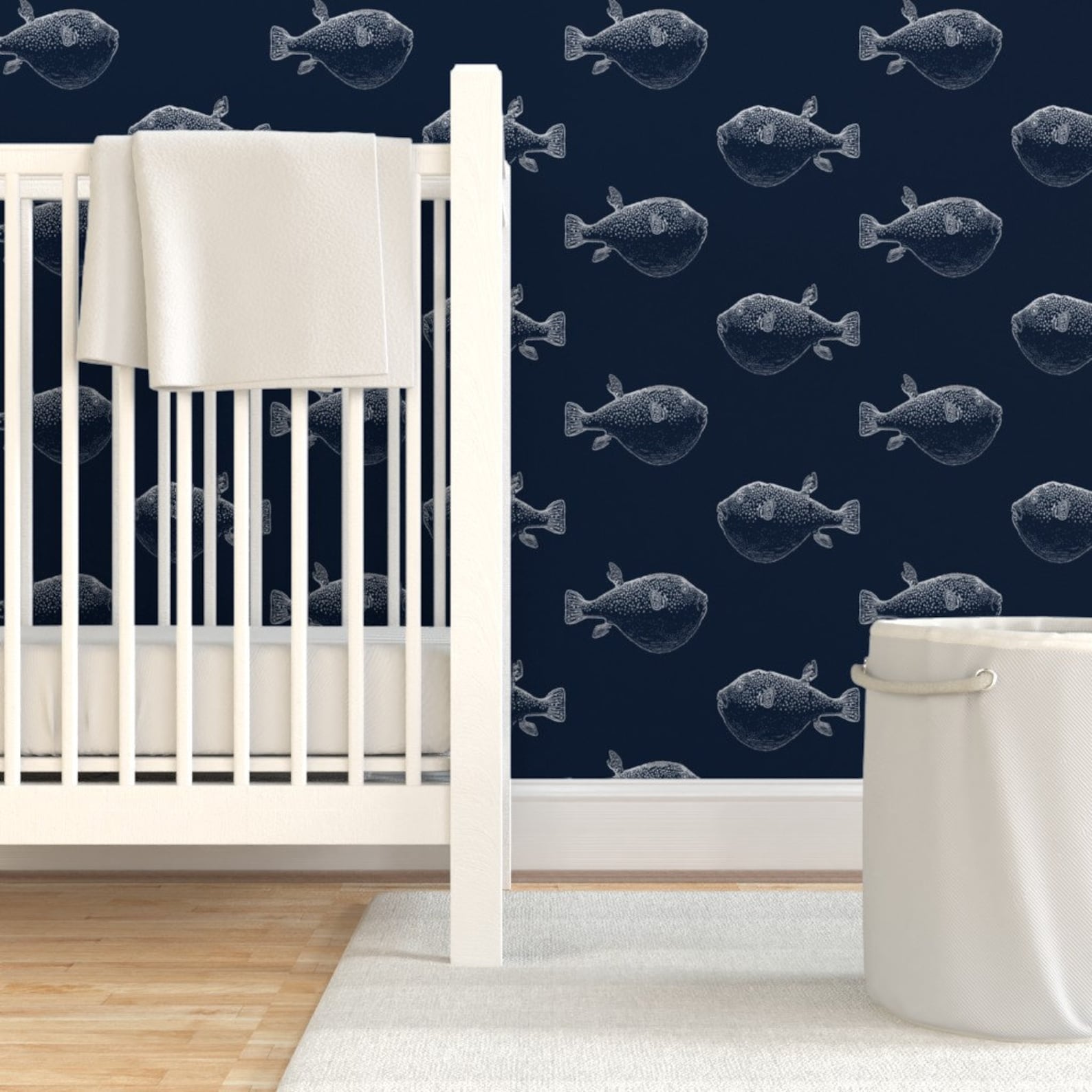 Puffer Fish Wallpaper Puffer Fish Silver on Navy by Jenlats - Etsy