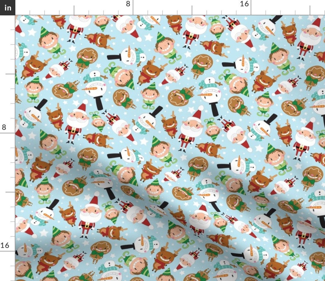 Christmas Fabric Large Christmas Blue Elf Reindeer Gingerbread Man ...