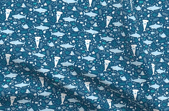 Blue Shark Fabric Happy Sharks By Innamoreva Modern | Etsy