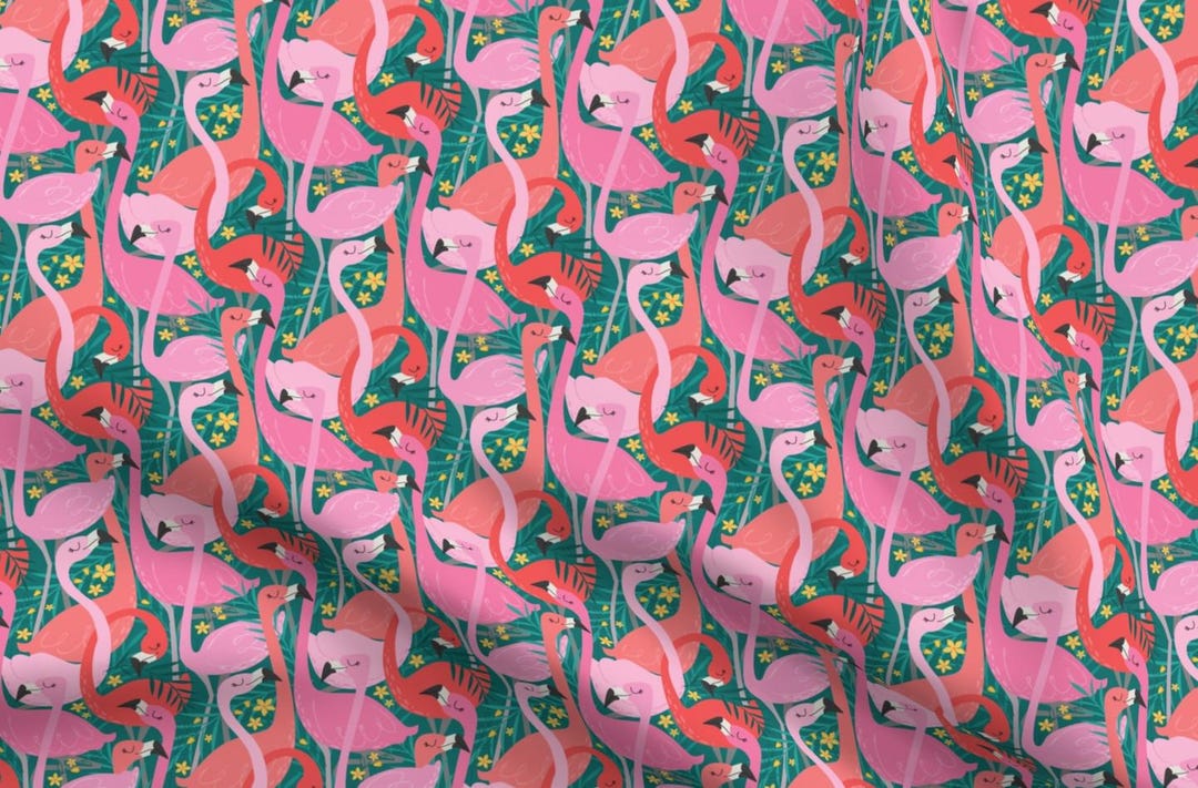 Flamingo Tropical Birds Pink and Blue Fabric Flock of Flamingos by ...